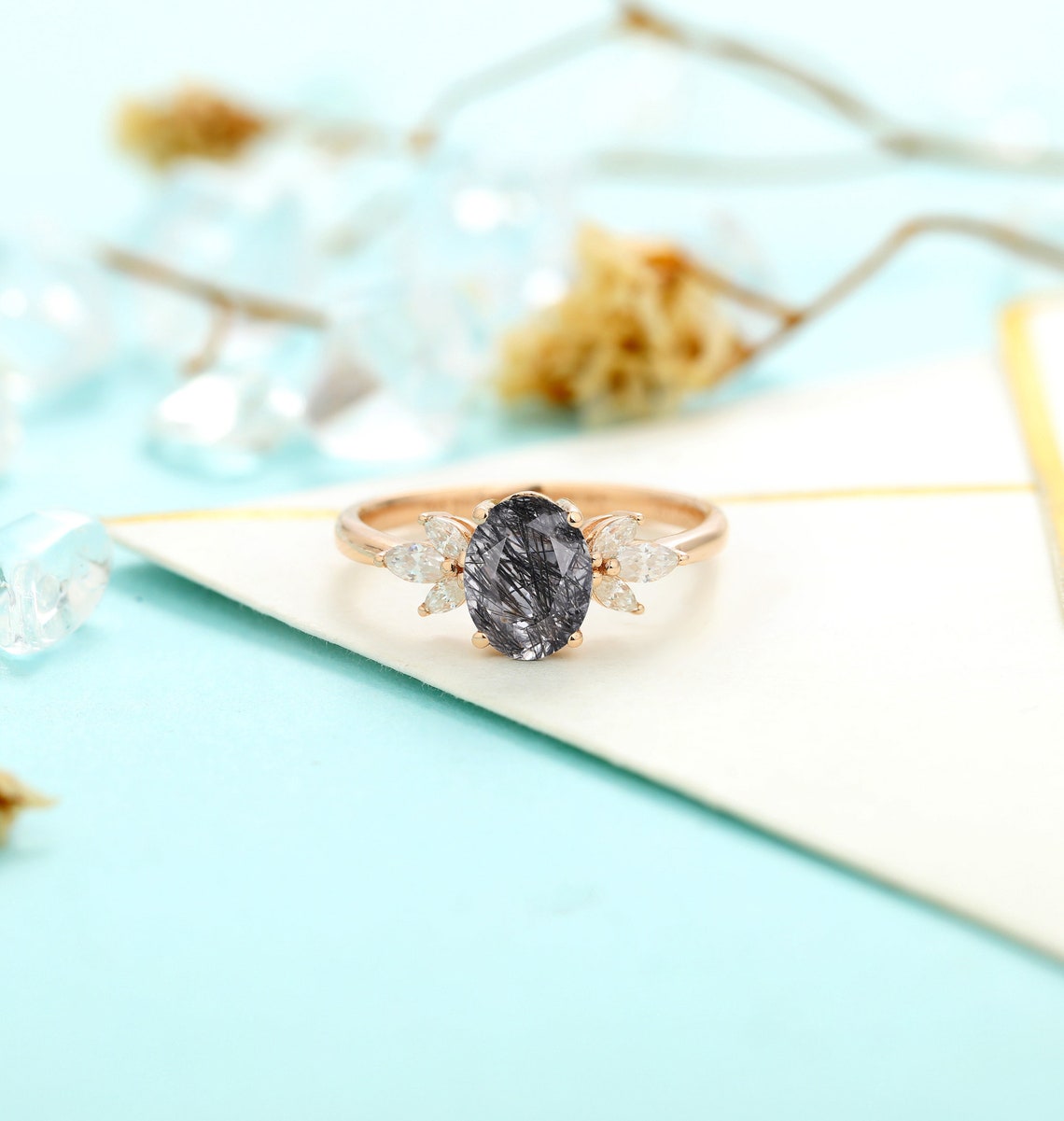 Oval Cut Black Rutilated Quartz Engagement Ring Rose Gold - Etsy