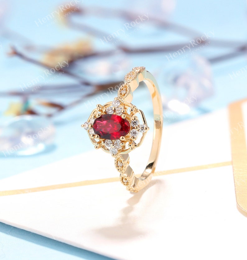 Vintage Ruby Engagement Ring Yellow Gold Ring Antique Oval Cut - Etsy