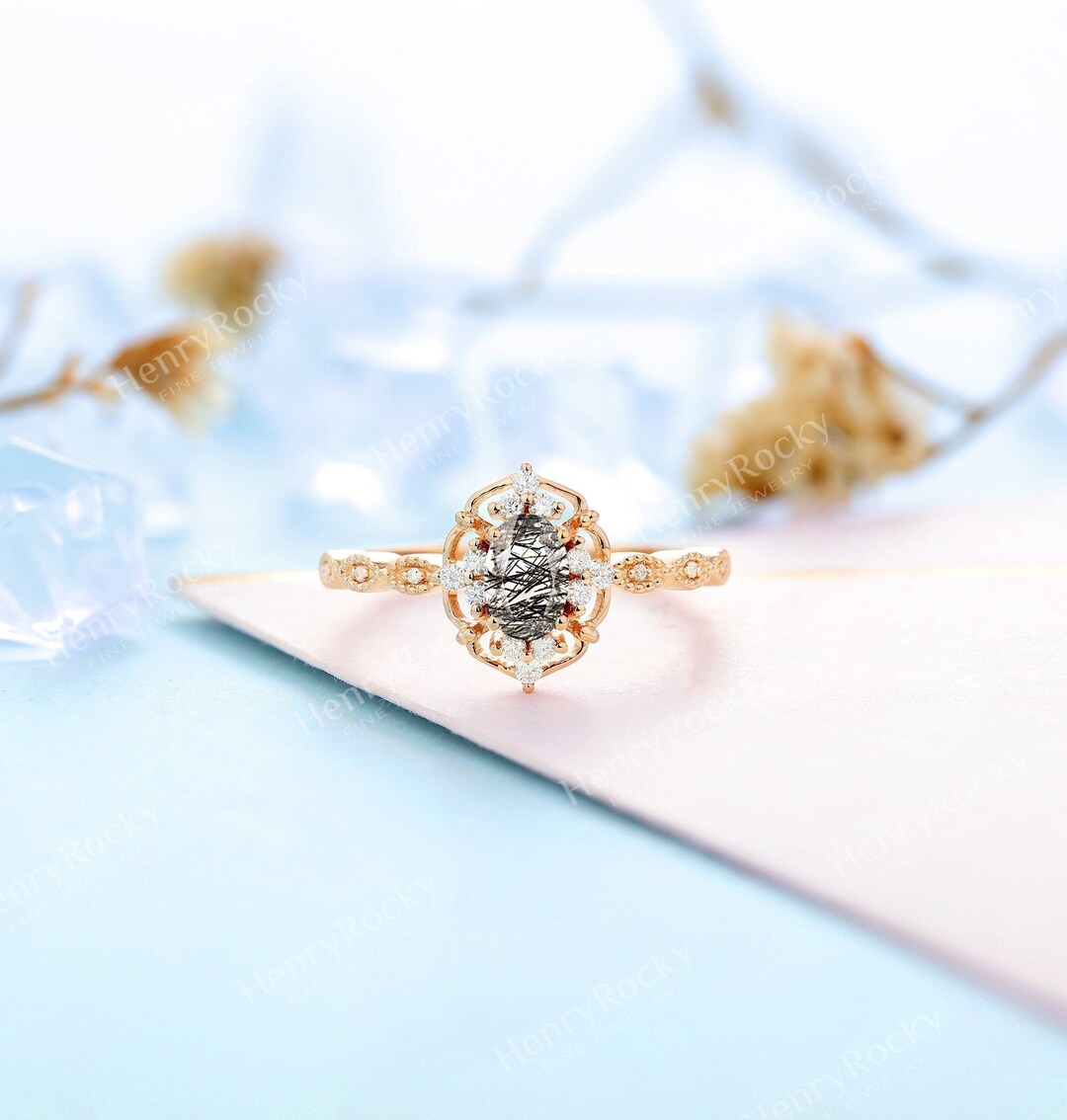 Black Rutilated Quartz Engagement Ring Rose Gold Antique Oval - Etsy