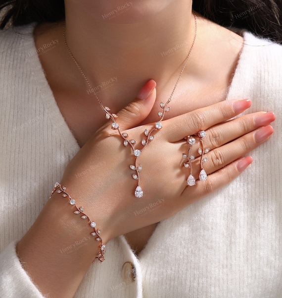 Natural Inspired Round Moissanite Jewelry Set Pear Moissanite Branch Leaf Necklace Rose Gold Vine Drop Earrings Charm Bracelet Gift for Her Etsy