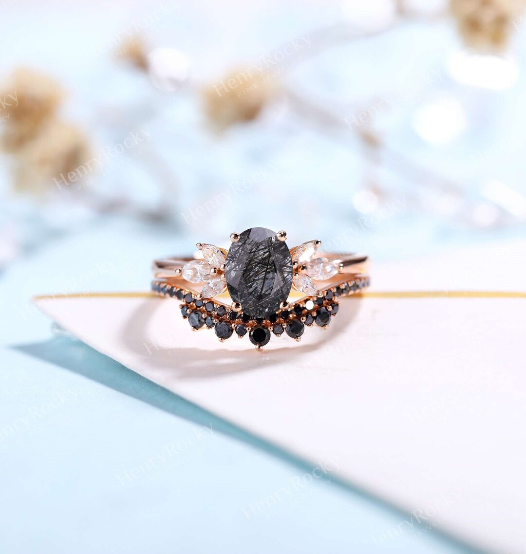 Black Rutilated Quartz Engagement Ring Set Oval Shaped Rose Gold Ring ...