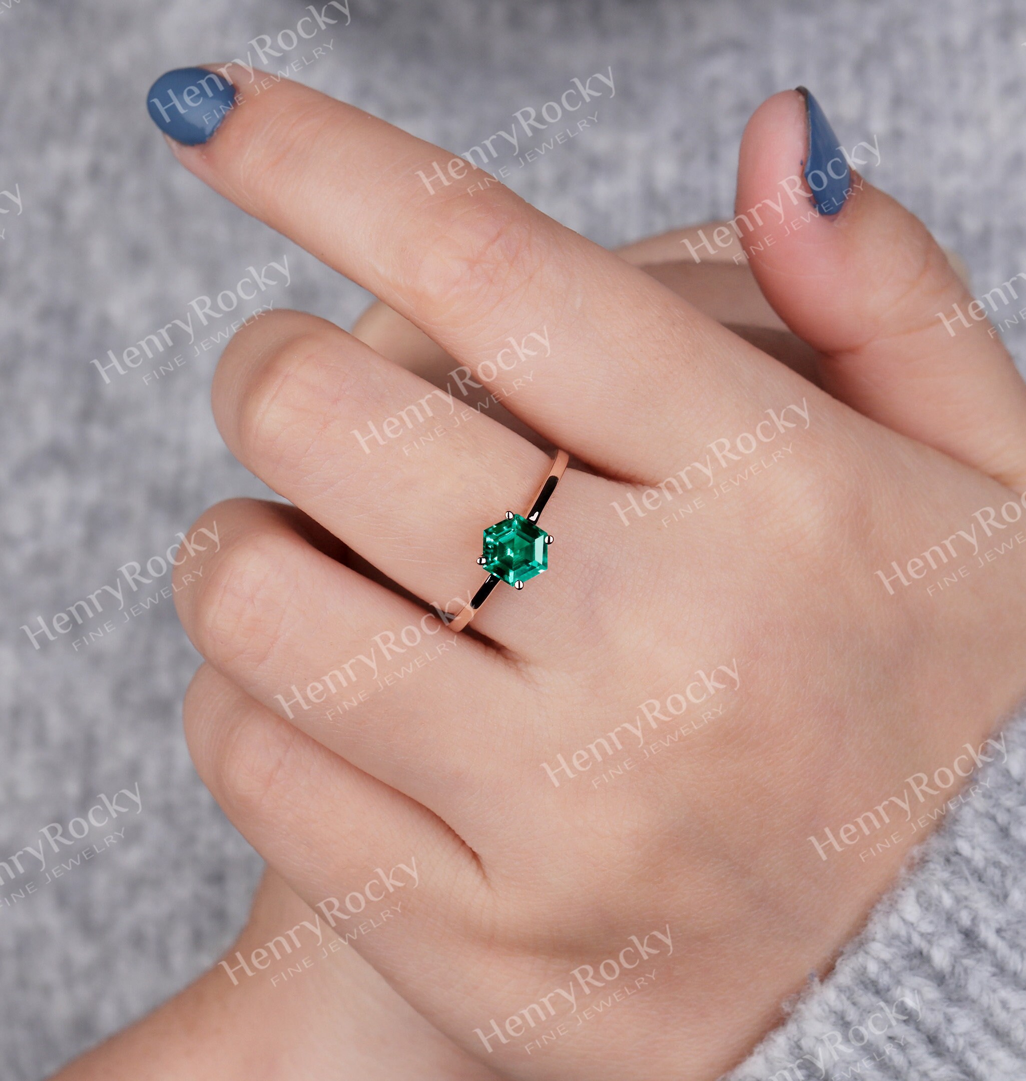 Emerald Engagement Ring Vintage Hexagon Cut Rose Gold Ring | Etsy