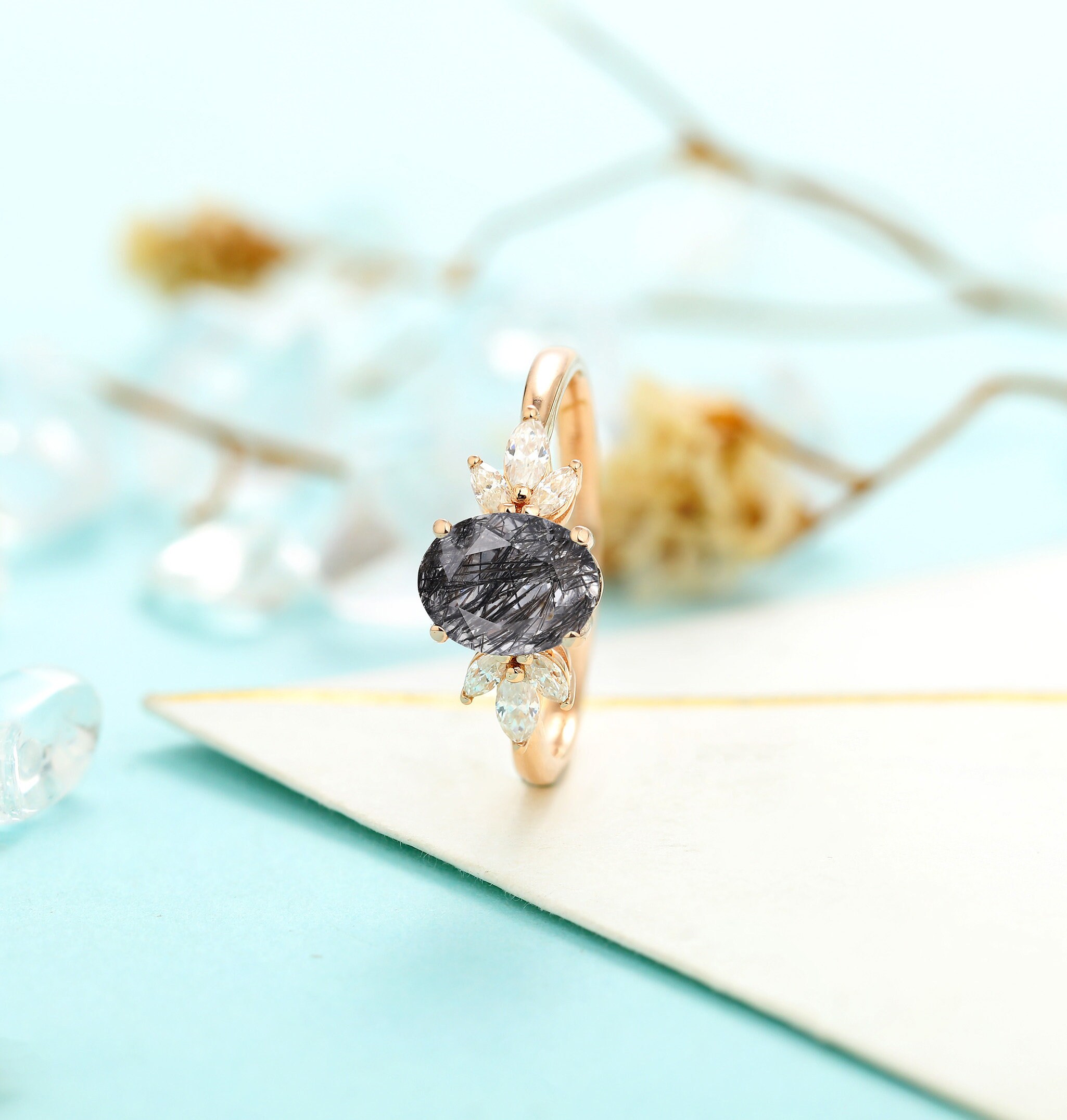 Oval Cut Black Rutilated Quartz Engagement Ring Rose Gold - Etsy