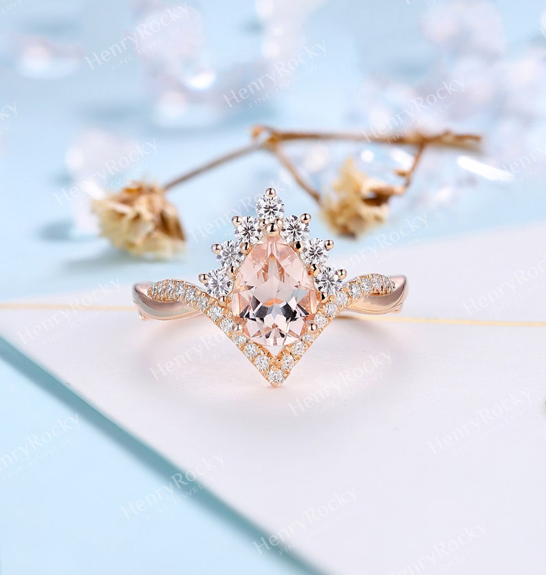 Vintage Pear Cut Morganite Engagement Ring Set Rose Gold - Etsy