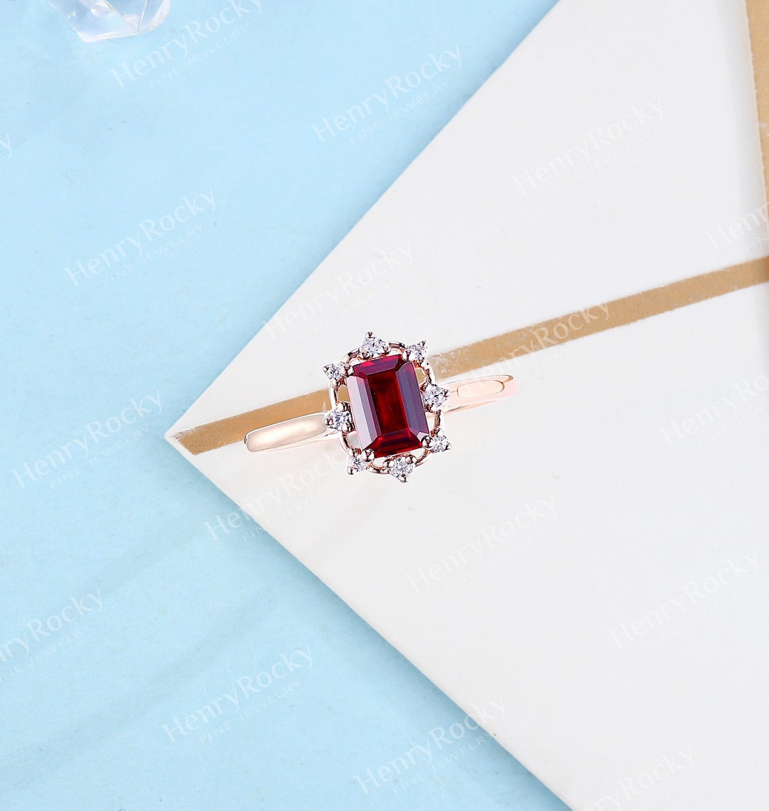 Emerald Cut Lab Ruby Engagement Ring Women Rose Gold Ring Halo Natural ...