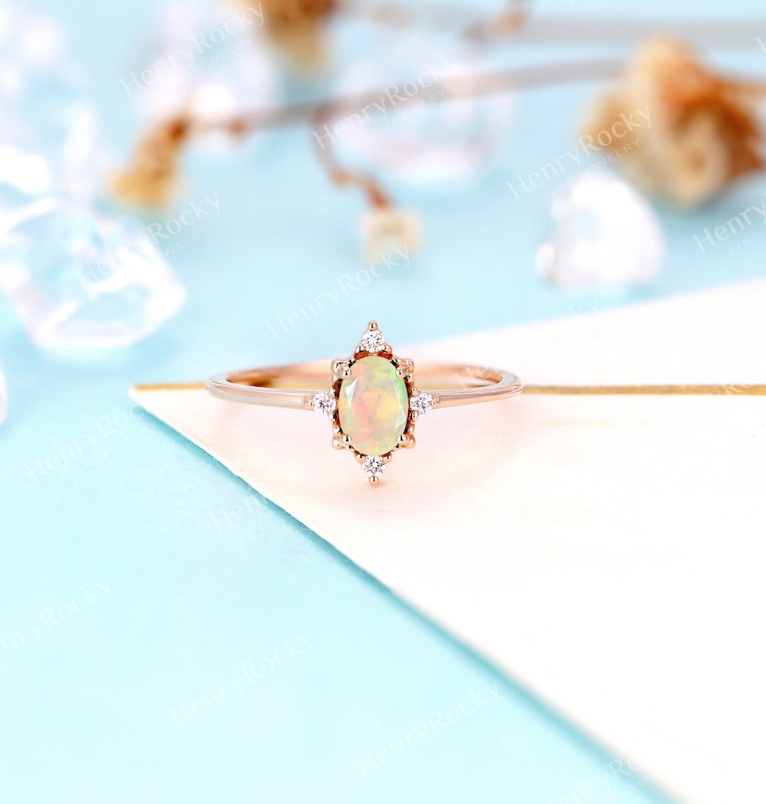 Minimalist Faceted Opal Engagement Ring Rose Gold Women Vintage Oval ...