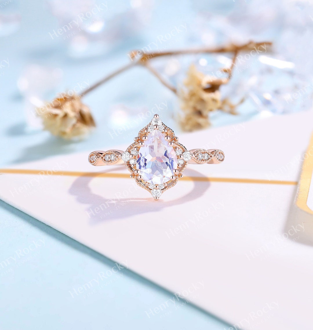 Pear Shape Moonstone Engagement Ring Antique Milgrain Ring Rose Gold ...