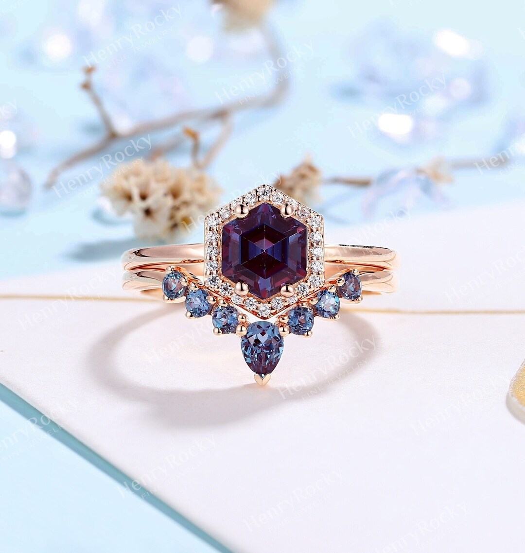 Hexagon Lab Alexandrite Engagement Ring Set Halo Rose Gold - Etsy