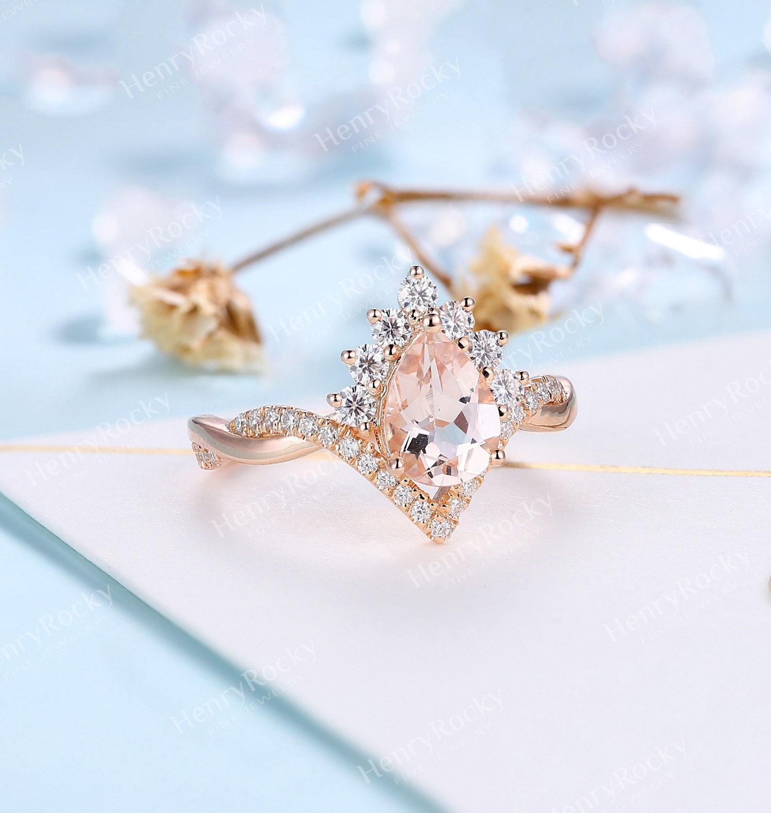 Vintage Pear Cut Morganite Engagement Ring Set Rose Gold - Etsy
