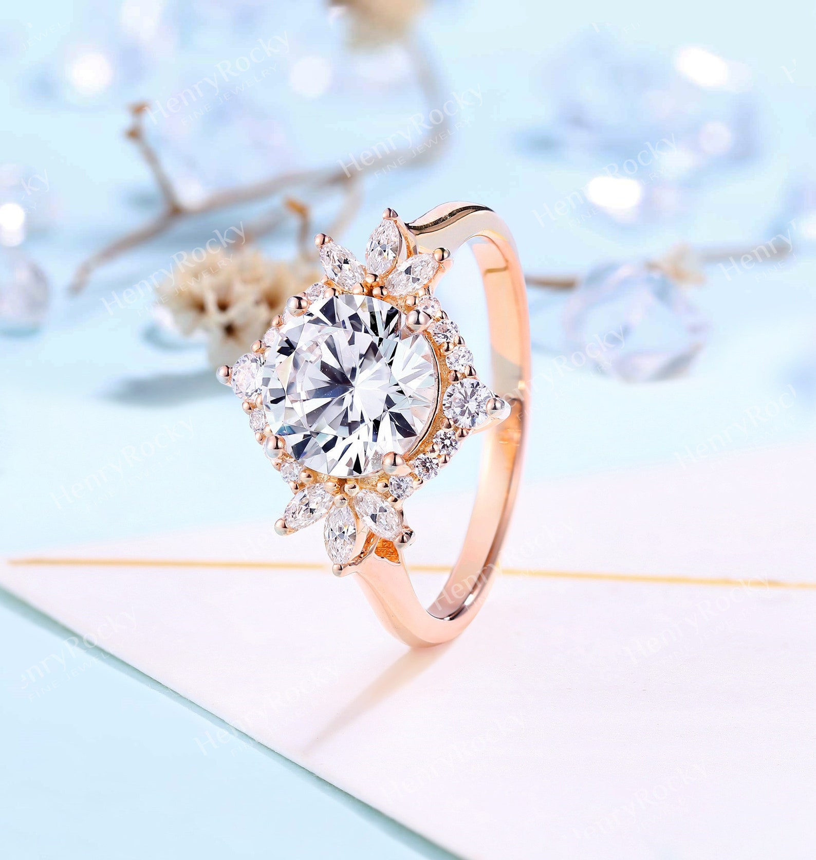 Round Cut Moissanite Engagement Ring Vintage Rose Gold Ring - Etsy