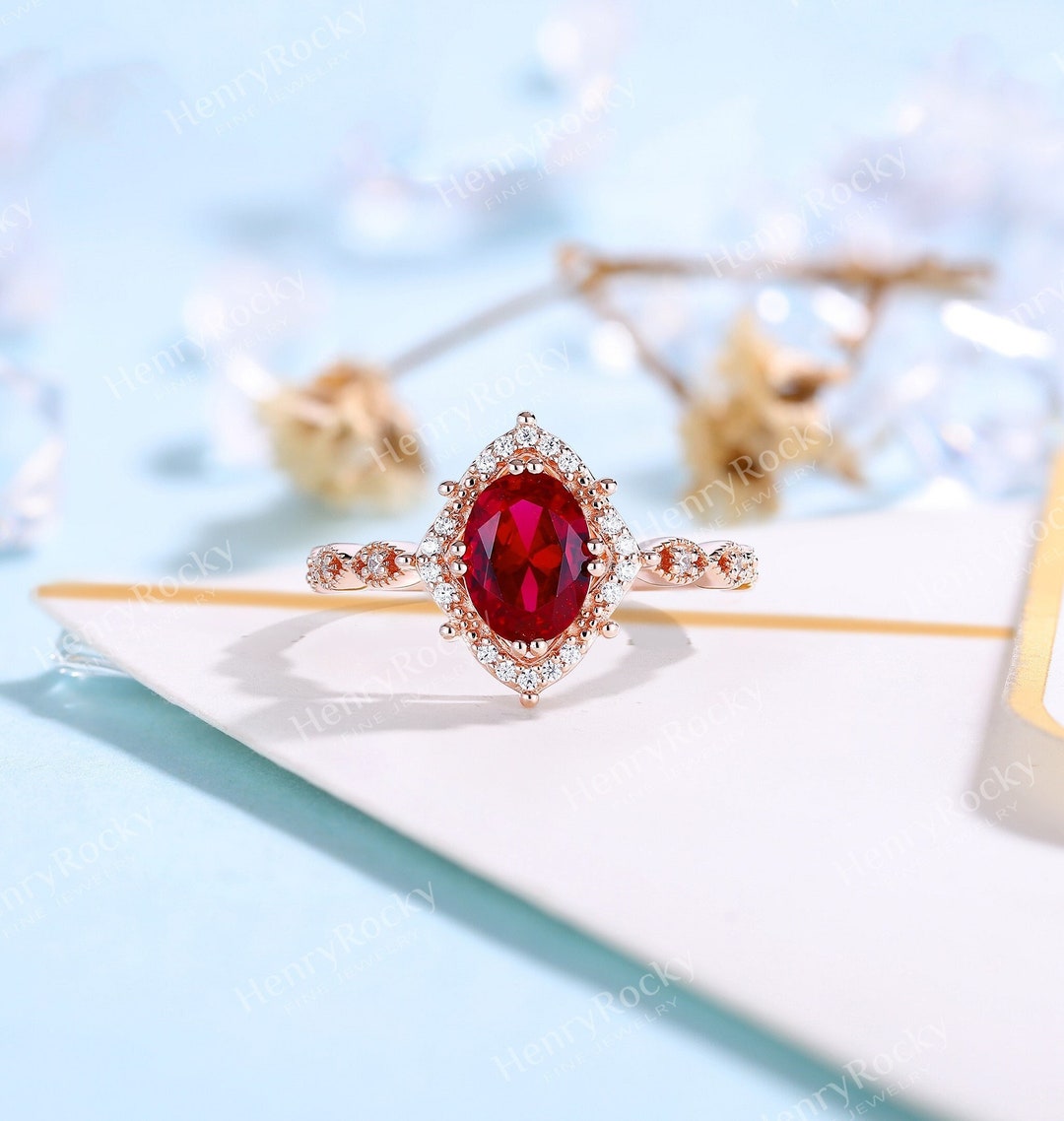 Vintage Oval Shape Lab Ruby Engagement Ring Antique Milgrain Ring Rose ...