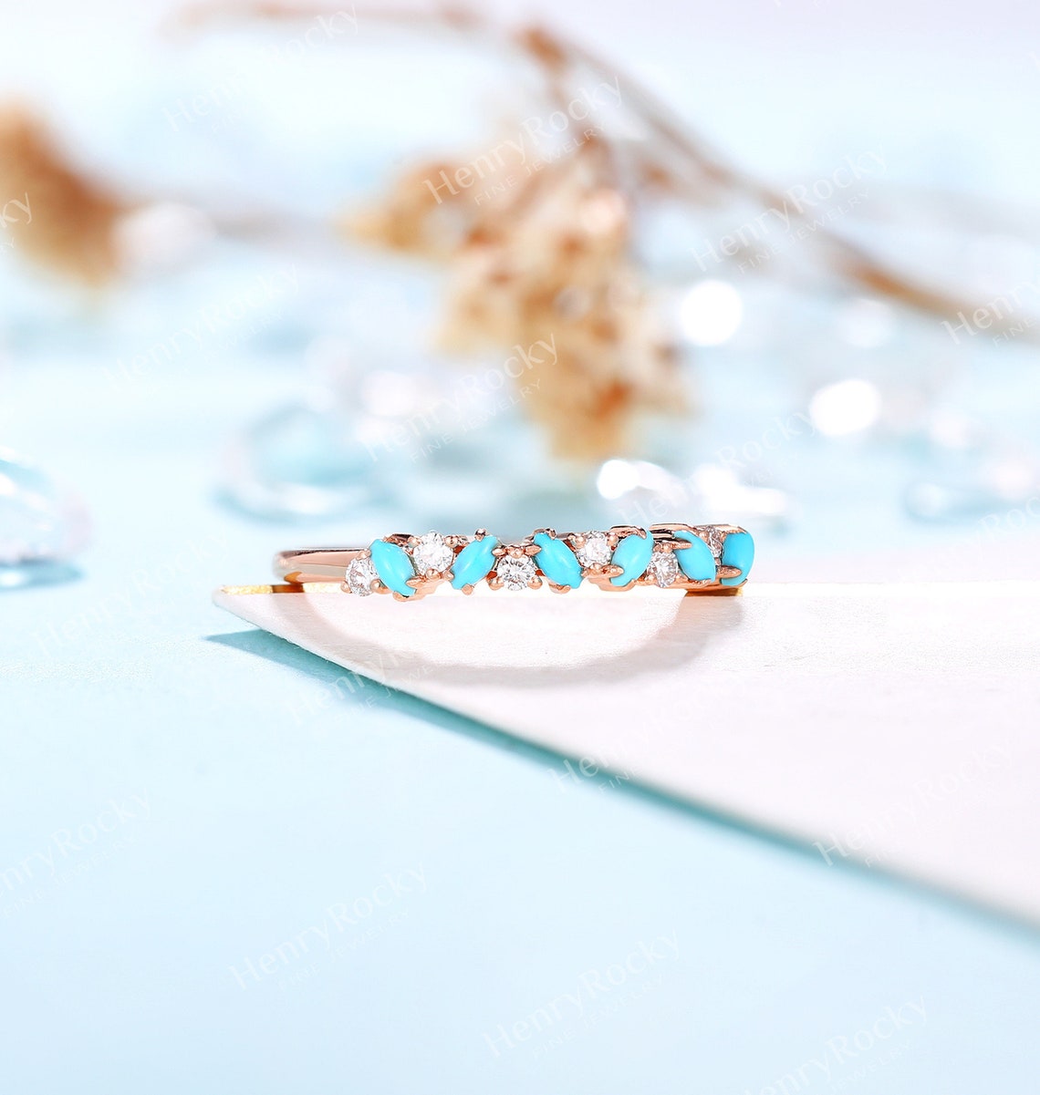 Marquise Cut Turquoise Wedding Band Vintage Rose Gold - Etsy