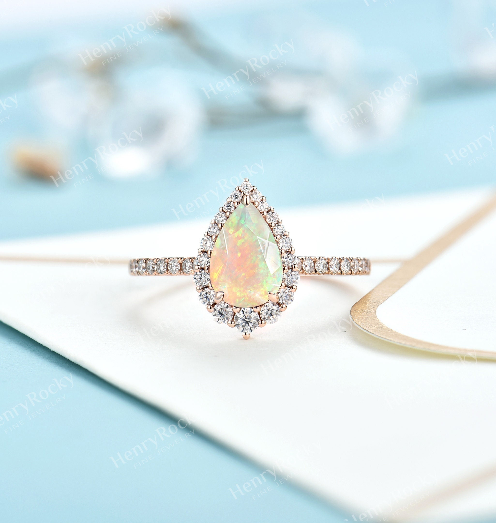Faceted Opal Engagement Ring Rose Gold Ring Antique Pear | Etsy