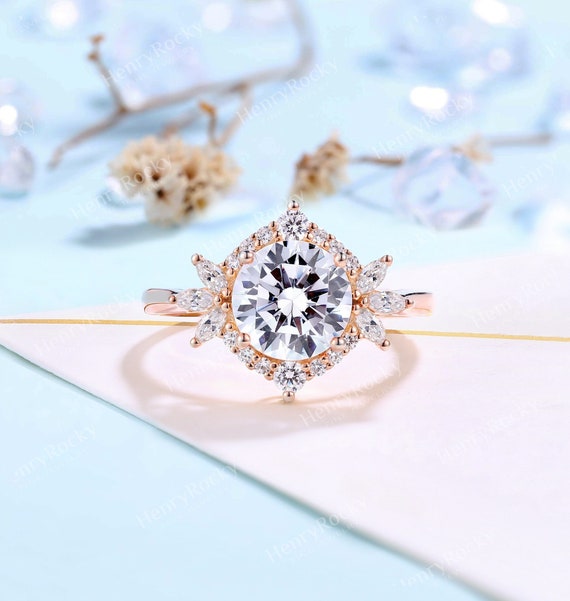 Round Cut Moissanite Engagement Ring Vintage Rose Gold Ring | Etsy