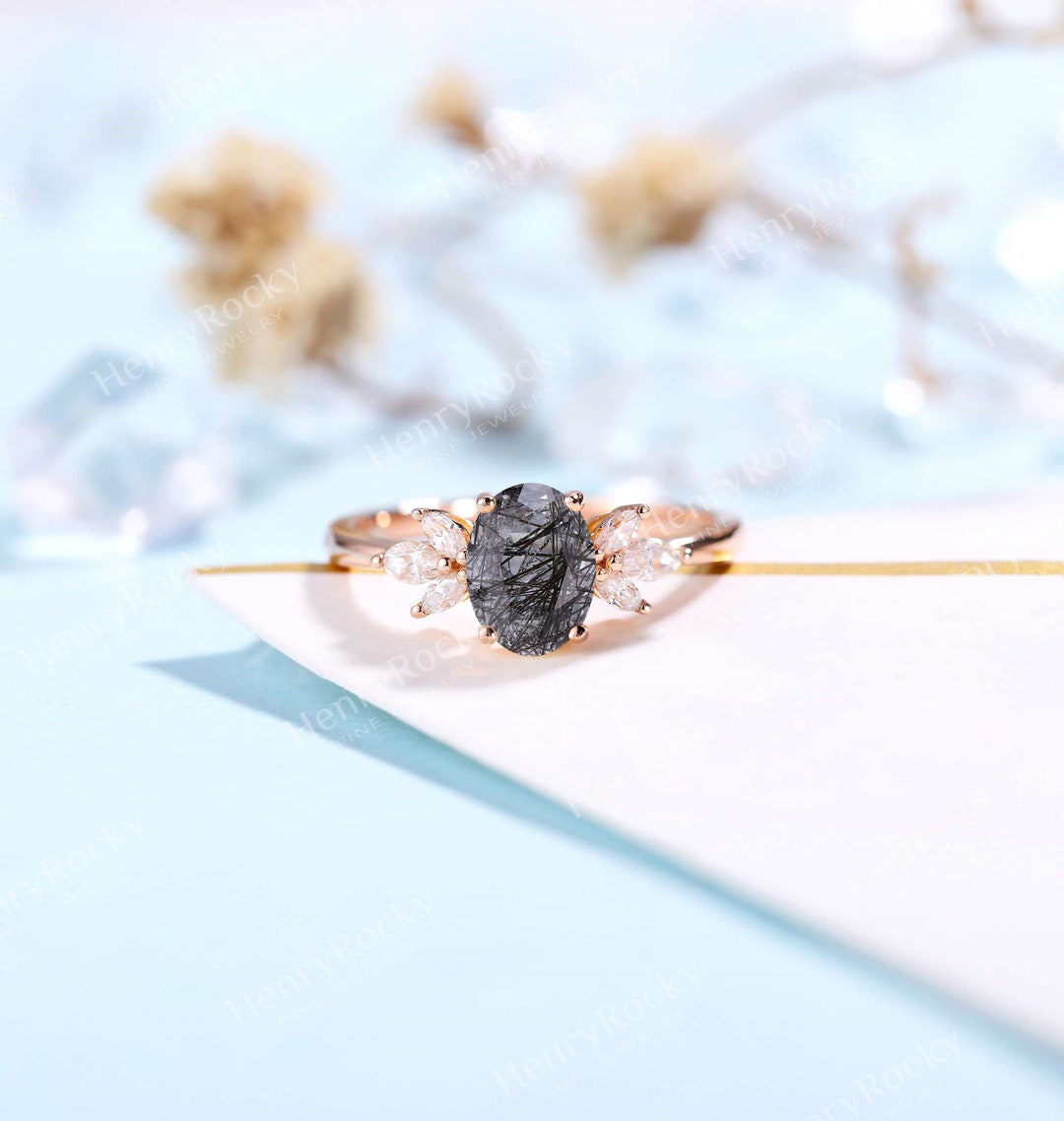 Oval Cut Black Rutilated Quartz Engagement Ring Rose Gold Women Antique ...