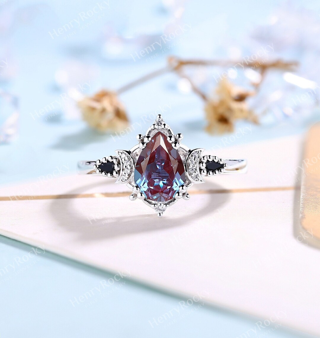 Lab Alexandrite Moon Engagement Ring White Gold Celestial Ring Art Deco ...