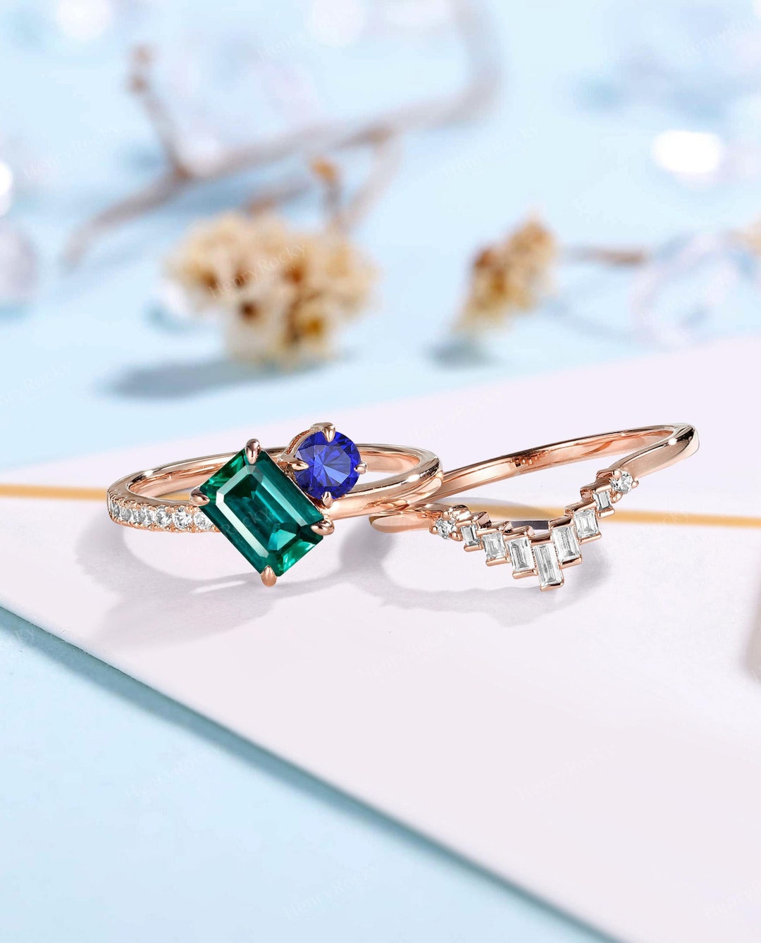 Art Deco Emerald&sapphire Engagement Ring Set Rose Gold Bridal Jewelry ...