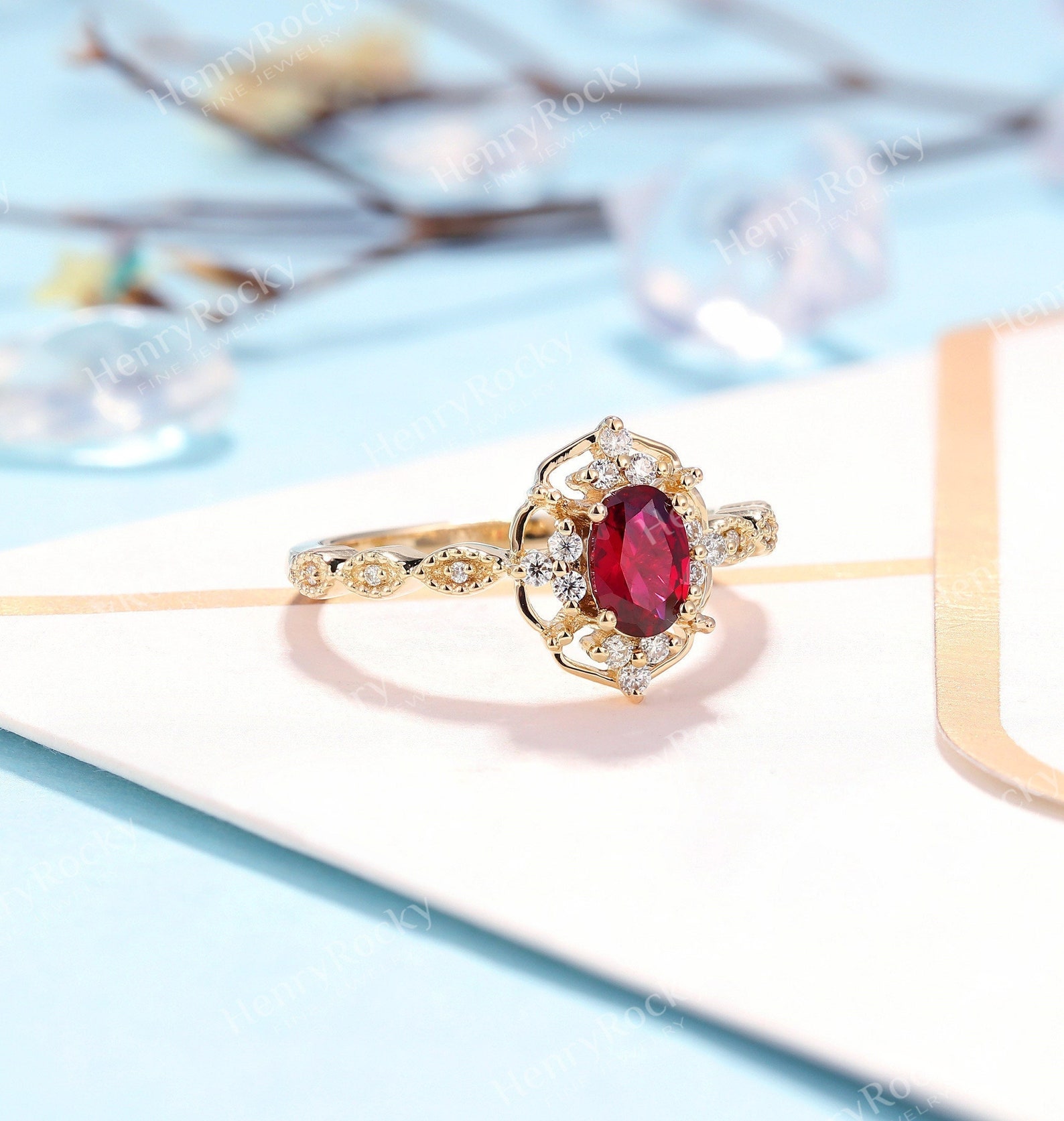 Vintage Ruby Engagement Ring Yellow Gold Ring Antique Oval Cut - Etsy