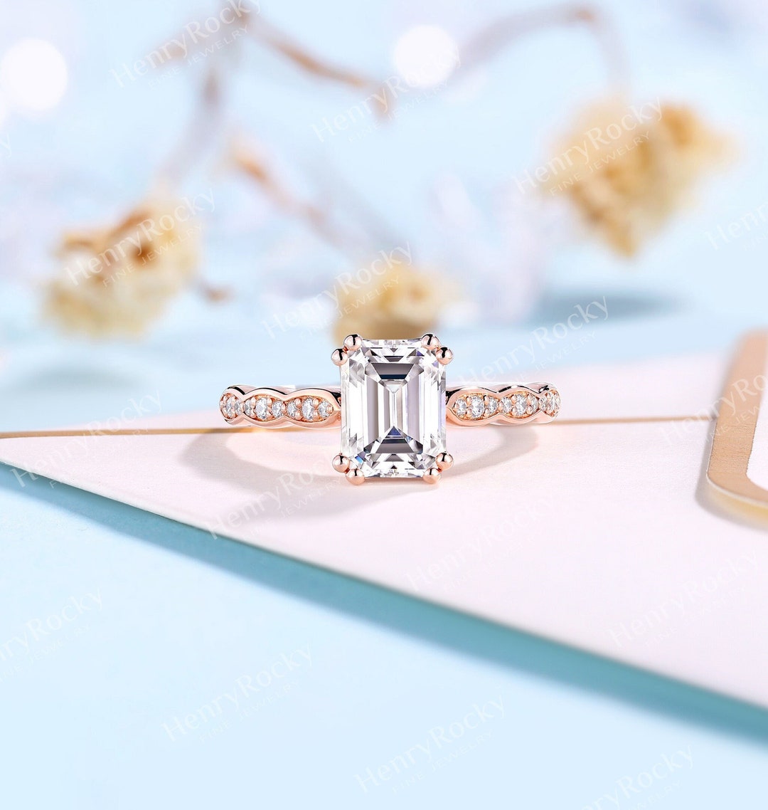 Emerald Cut Moissanite Engagement Ring Rose Gold Art Deco Diamond Ring ...