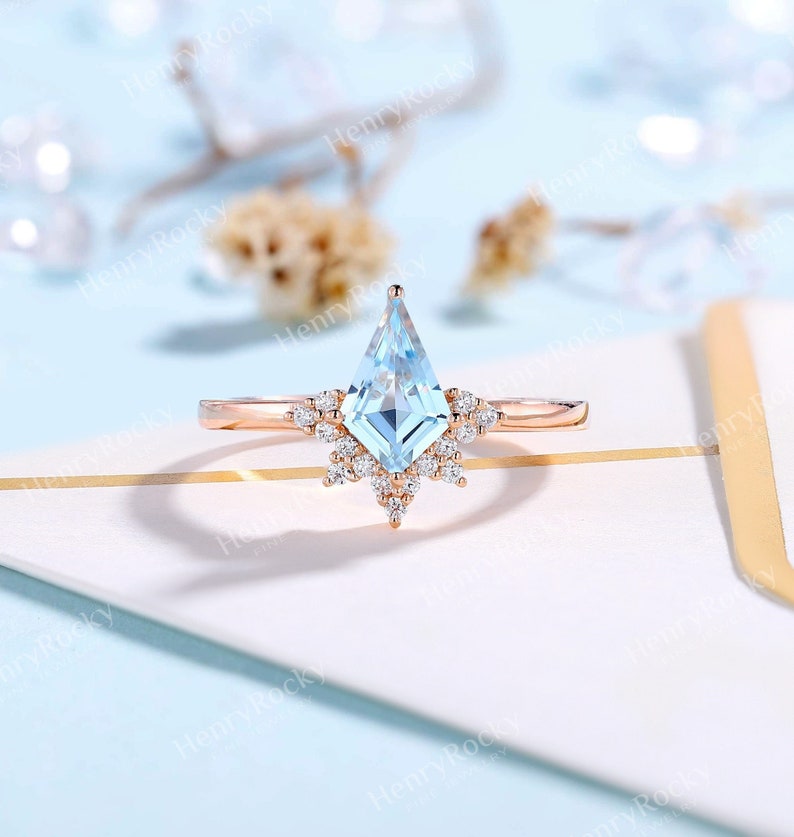 Art Deco Kite Shaped Sky Blue Topaz Engagement Ring Rose Gold - Etsy