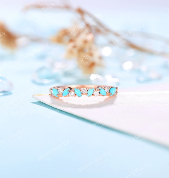 Marquise Cut Turquoise Wedding Band Vintage Rose Gold | Etsy