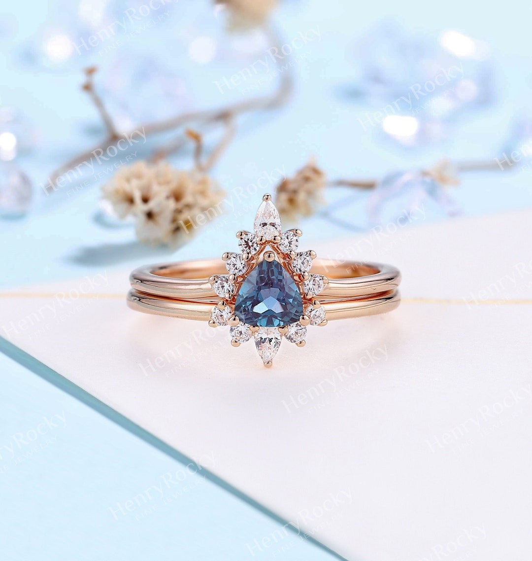 Vintage Alexandrite Engagement Ring Set Triangle Cut Moissaanite ...