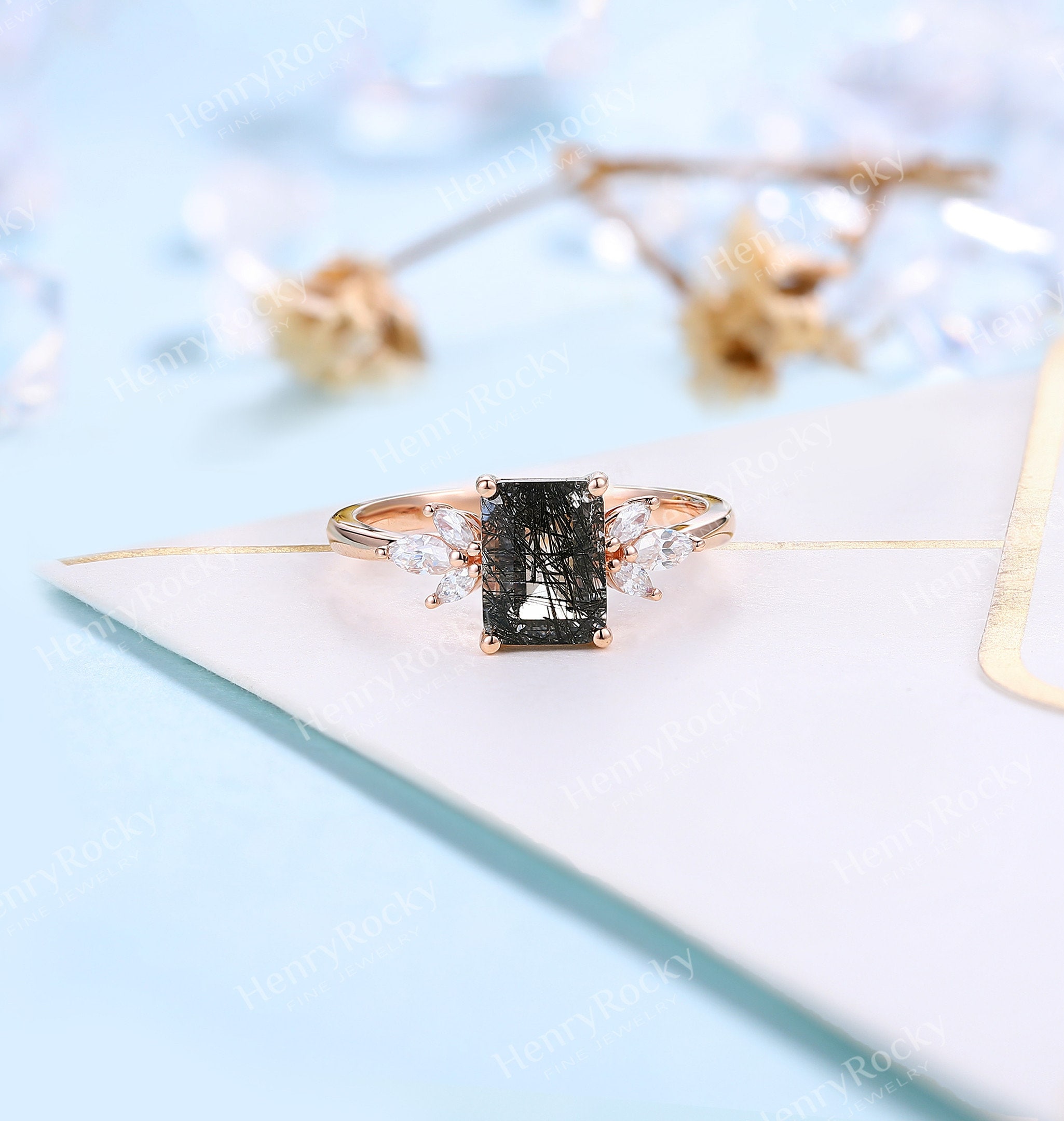 Black Rutilated Quartz Engagement Ring Set Black Diamond - Etsy