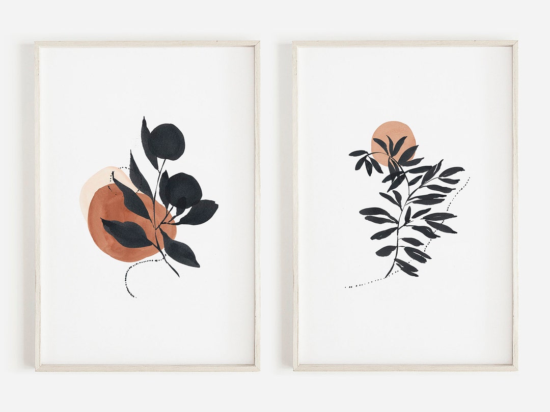 Large Abstract Watercolor Print Set of 2 Prints, Terracotta Black Wall ...