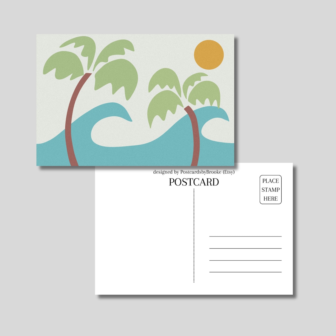 Palm Tree Postcard, Beach Vacation, Summer Waves Greetings, Wavy Ocean ...