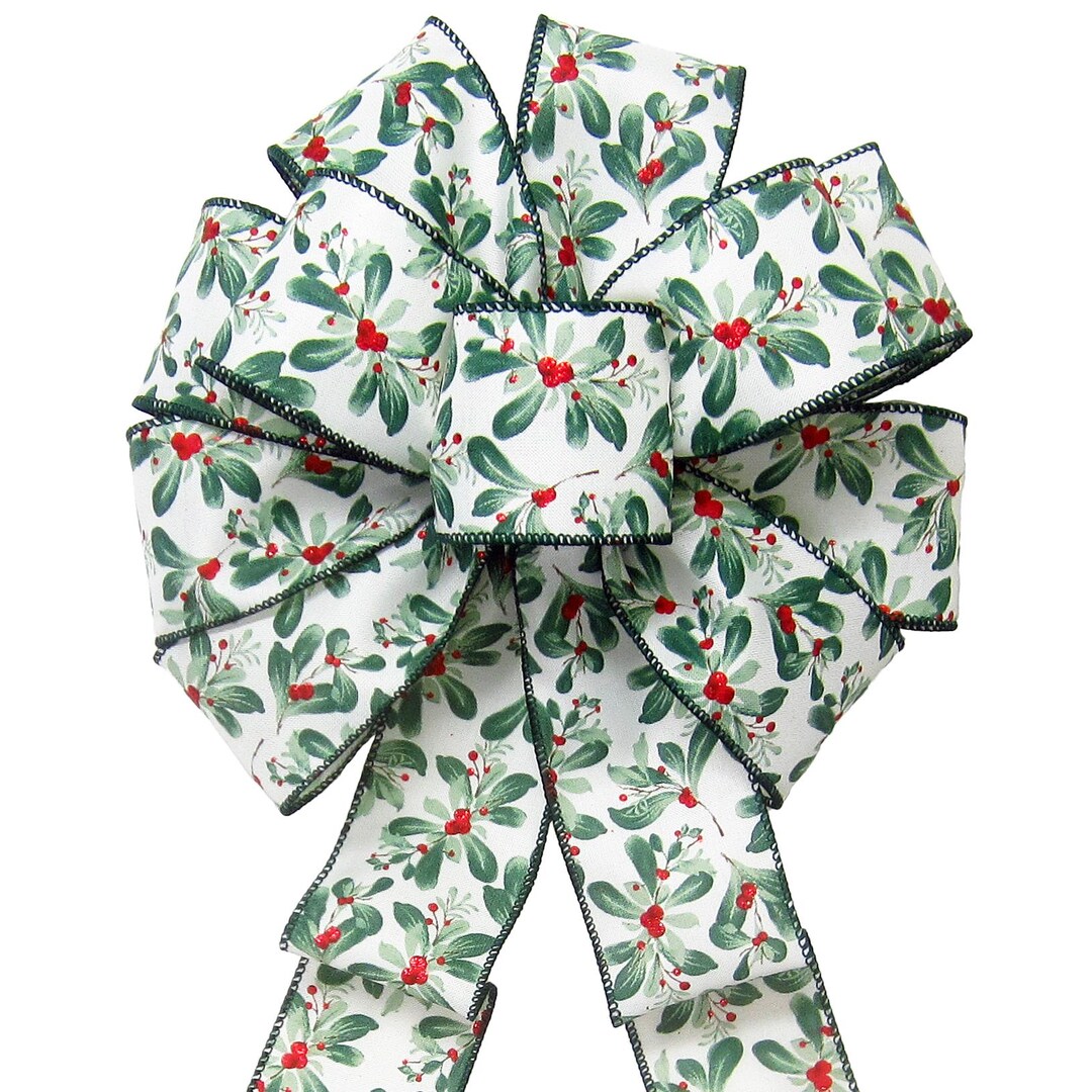 Painted Mistletoe & Red Berries Bow - Wired Christmas Bows - Wreaths ...