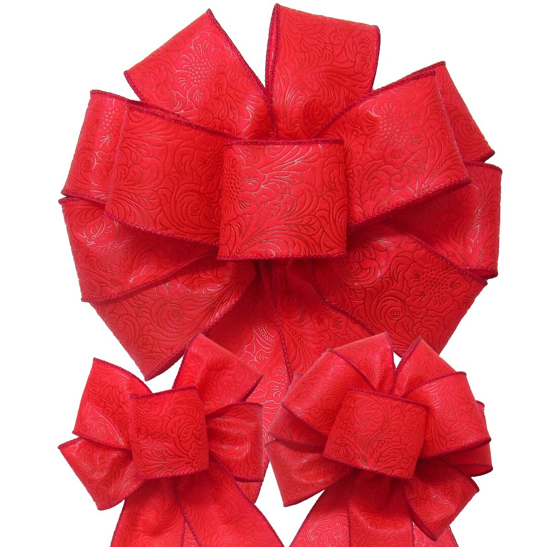 Red Outdoor Bows - Embossed Weather Resistant Wired Ribbons - Wreaths ...