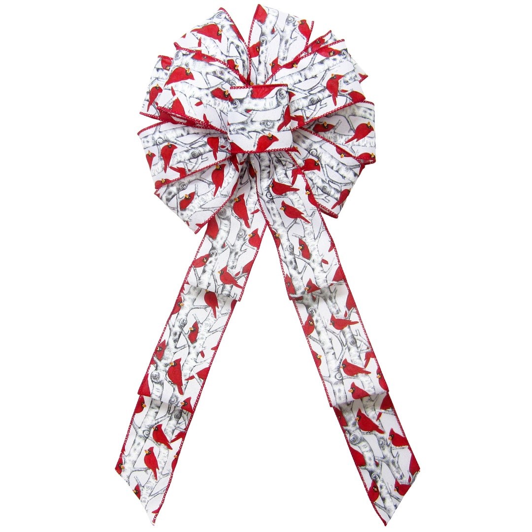 Wired Red Birds on White Birch Trees Bow - Cardinal Christmas Bows for ...