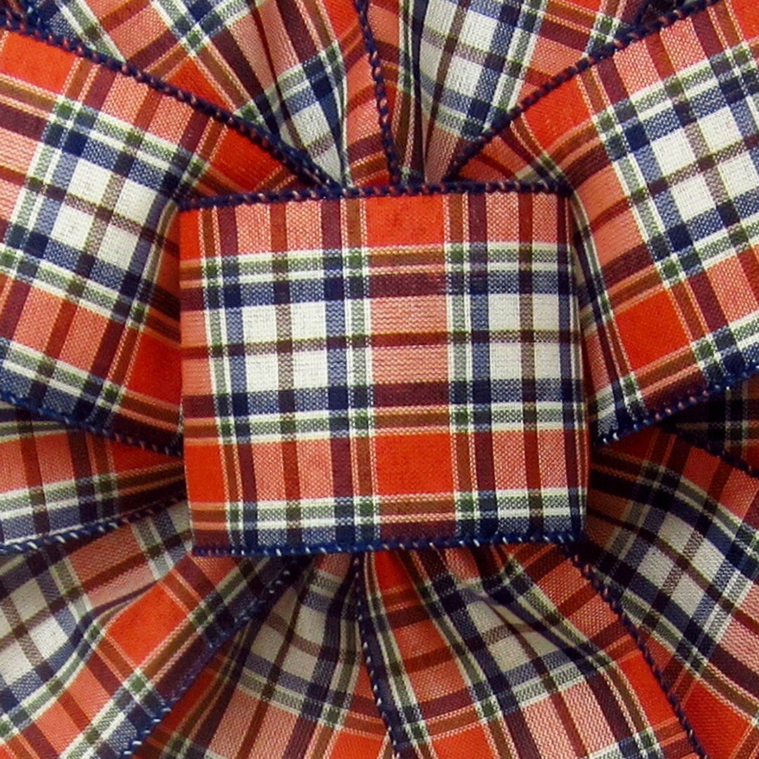 10 Yds Navy Blue & Orange Linen Plaid Fall Ribbon 2.5 Fall Wired Ribbon ...