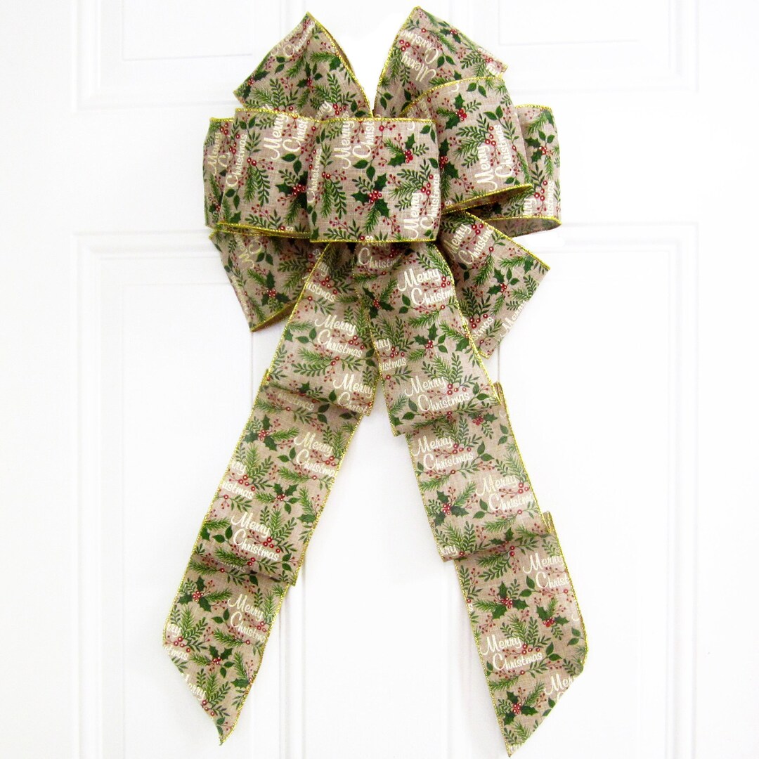 Big Merry Christmas Holly & Mistletoe Bow Large Natural Wired Christmas ...