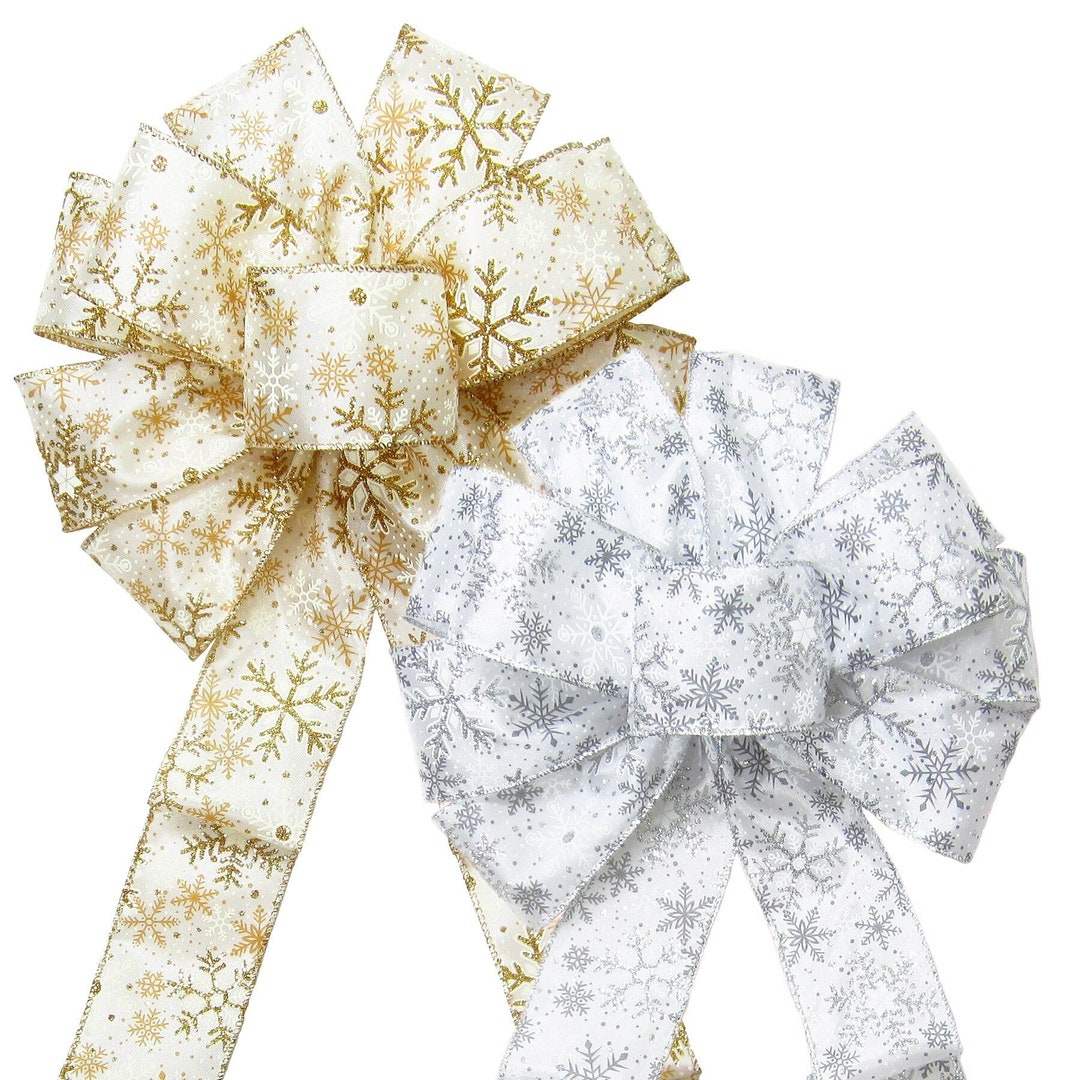 Glittering Snowflakes Christmas Bows - Wired Bows for Wreaths, Lanterns ...