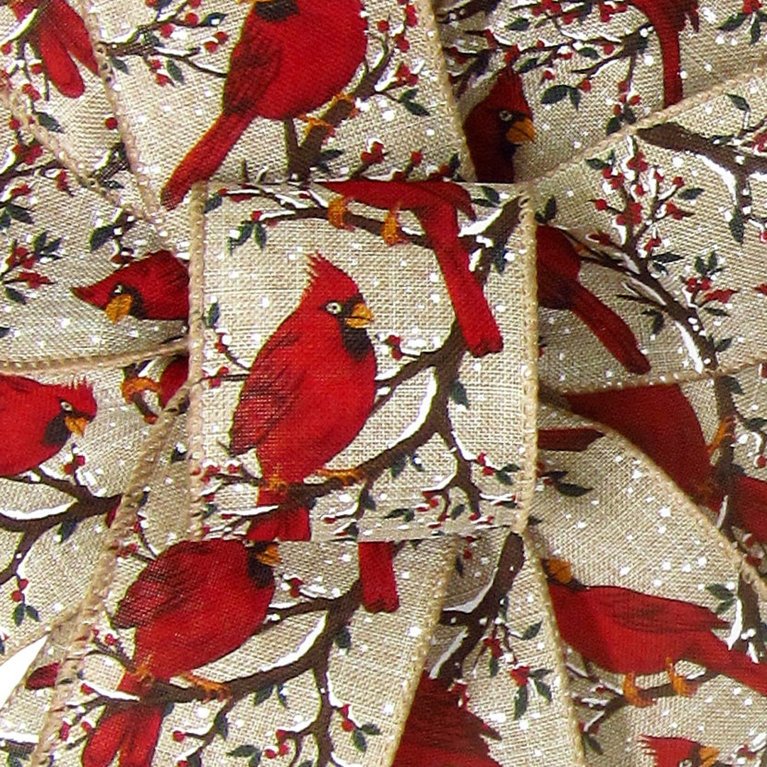 10yds Red Cardinals on Snowy Branches Ribbon - 2.5" Wired Ribbon ...