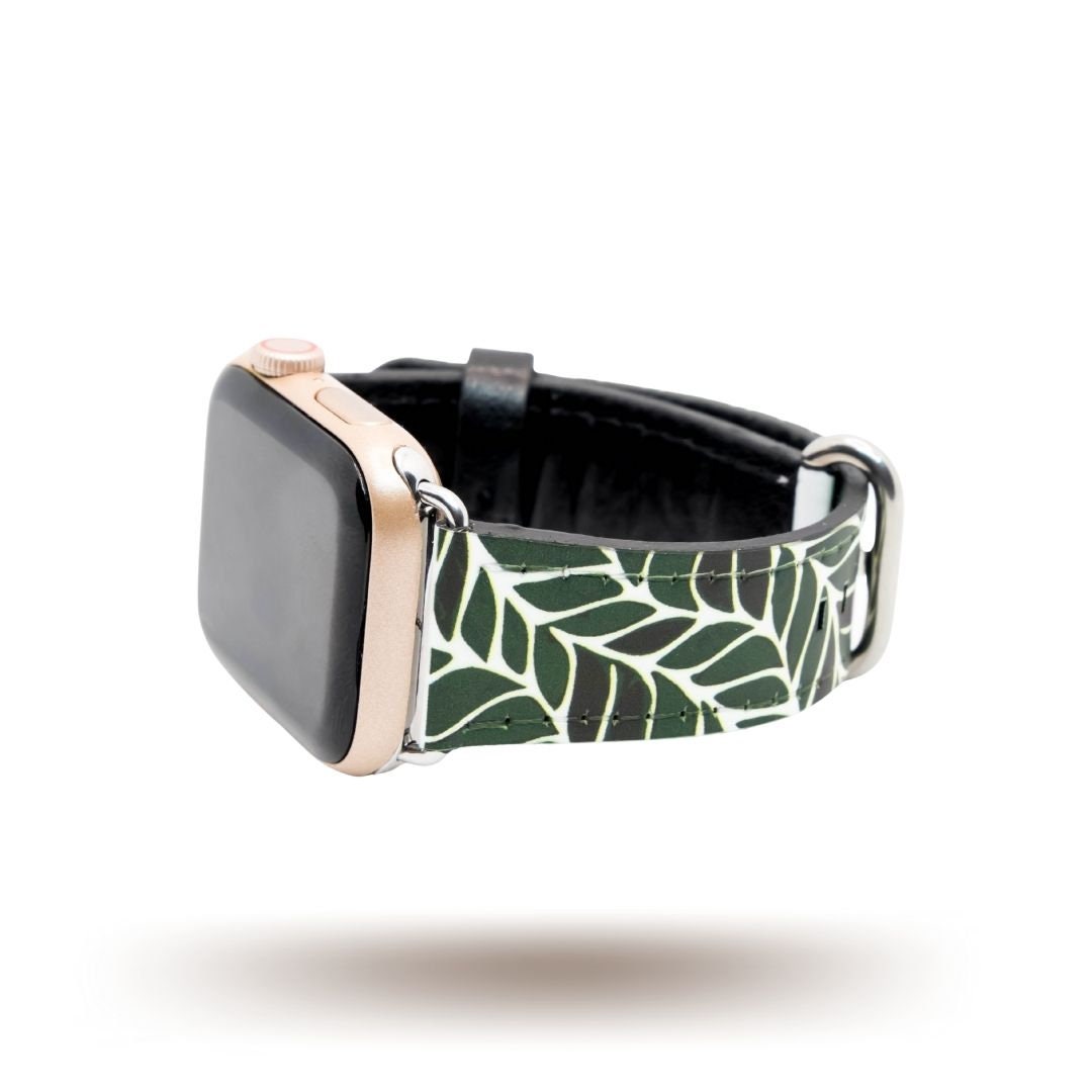 Olive Leaves Vegan Leather Apple Watch Band | Series 1, 2, 3, 4, 5, 6 ...