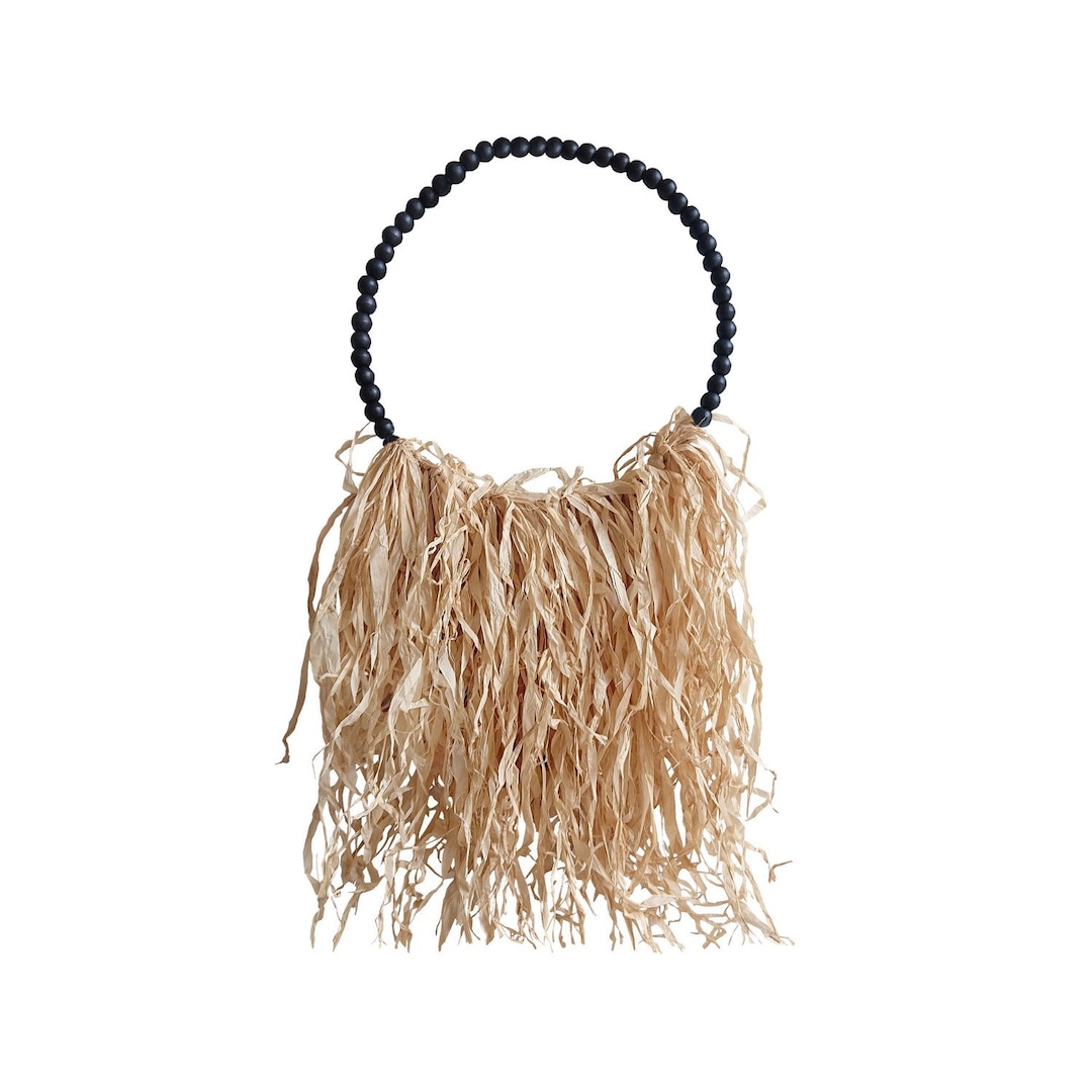Raffia and Wooden Bead Wall Decoration - Wall Natural Decor - Raffia ...