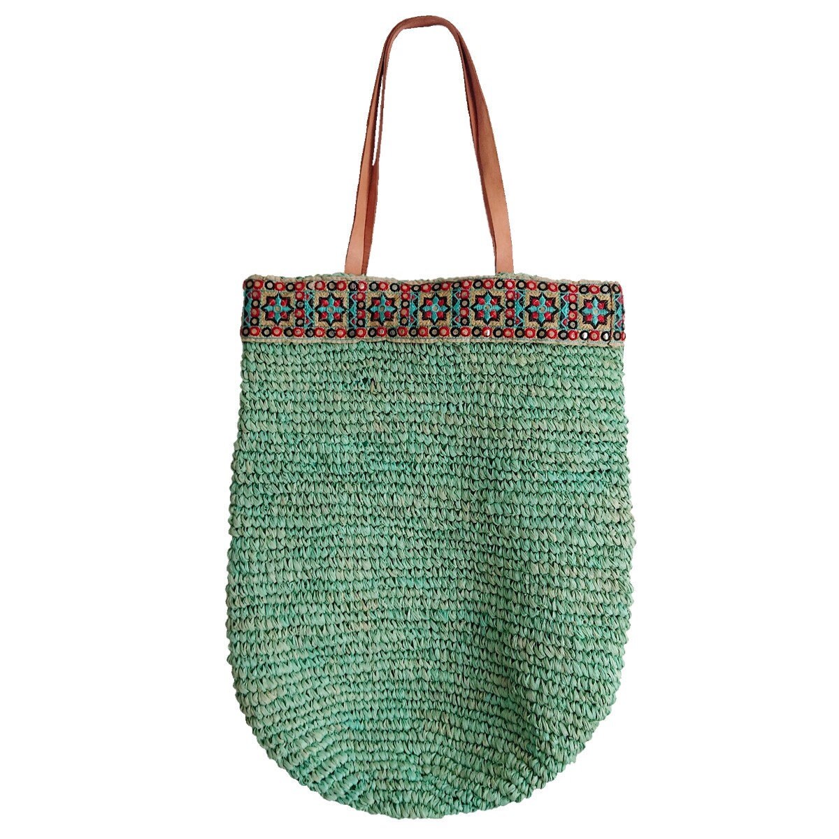 Sac en raphia turquoise brodé; Panier de plage; Beach basket; Raffia ...