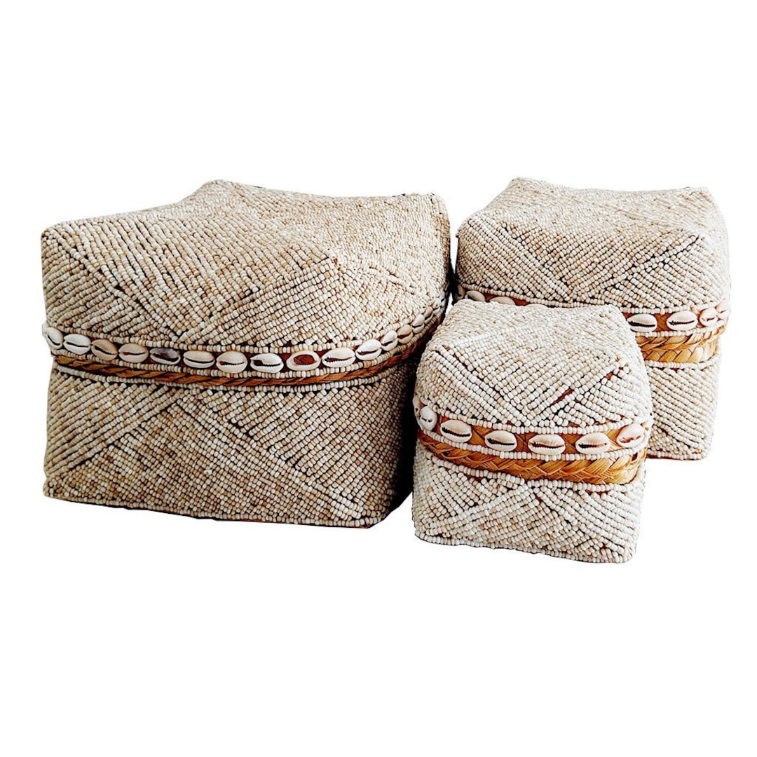 Beige Decorative Boxes Made of Bamboo, Glass Beads and Shells - Etsy