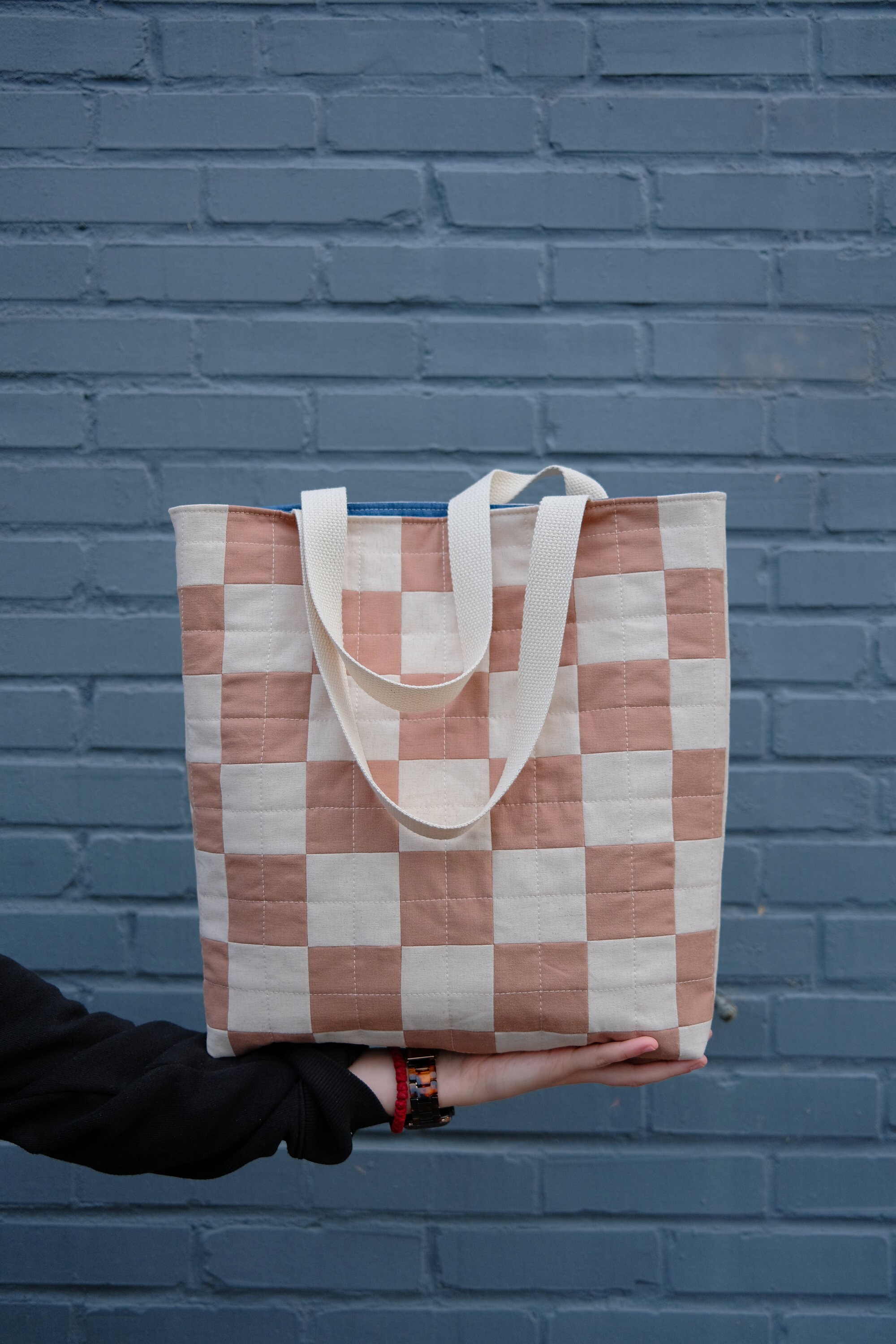 Quilted Linen Checkered Tote | Linen Tote Bag | Checkered Tote Bag - Etsy