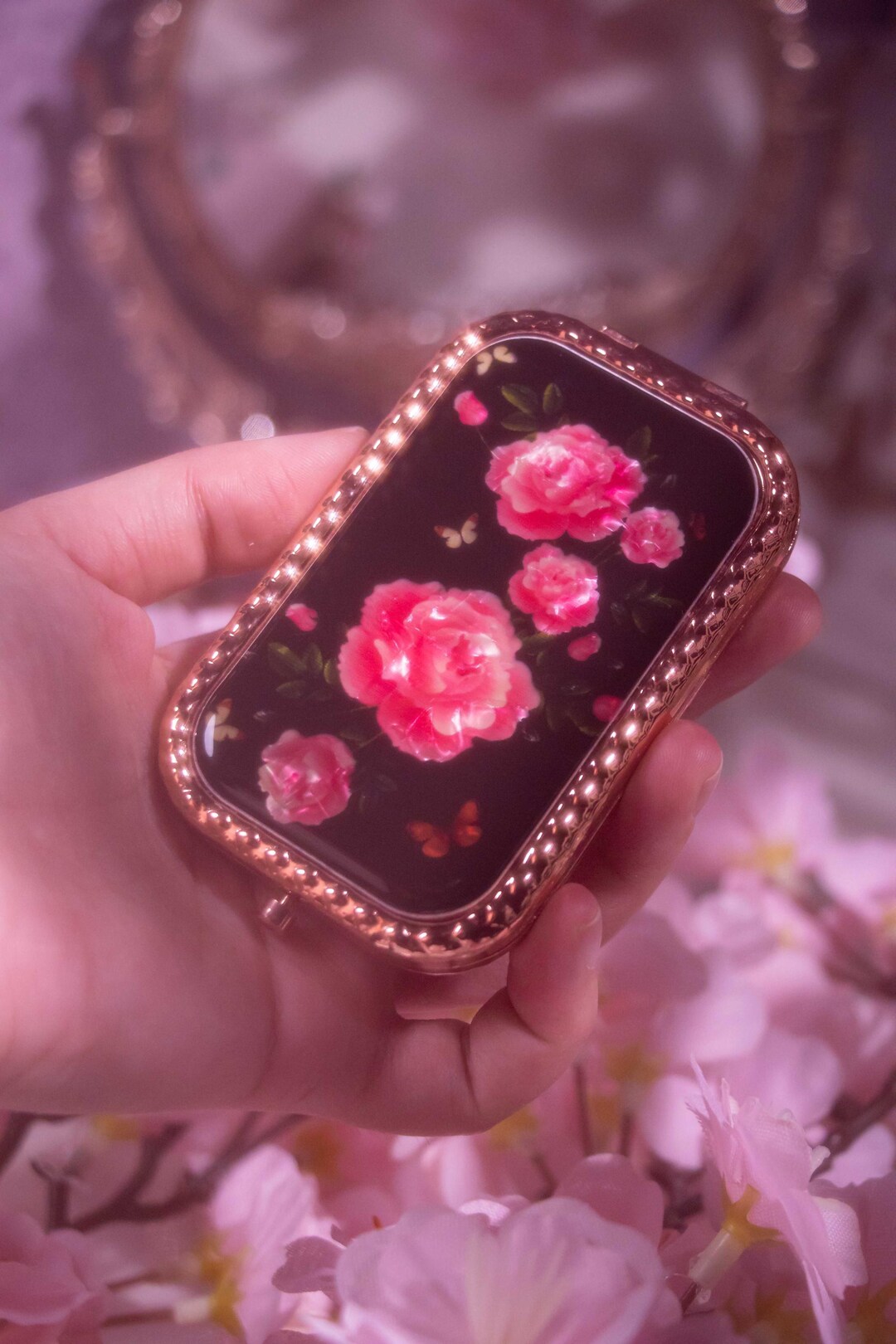 Mother of Pearl Compact Mirror Magnifying Hand Held Rose Mirror Compact ...