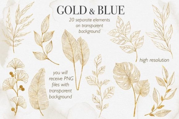 Gold and Blue Leaves Clipart Blue and Gold Tropical Leaves Clipart ...