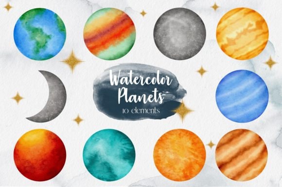 Watercolor Planets Clipart Space Solar System Gold Glitter Planets ...