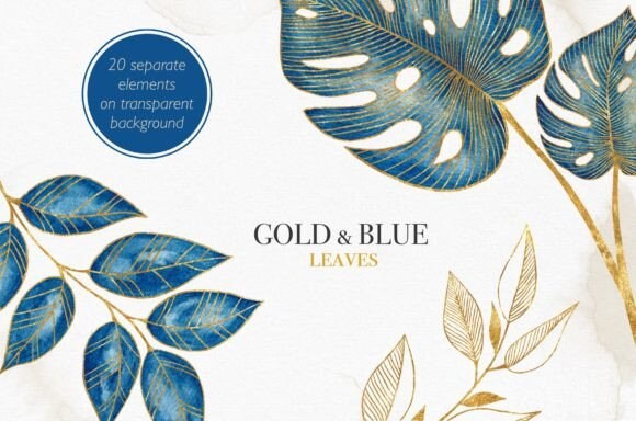 Gold and Blue Leaves Clipart Blue and Gold Tropical Leaves Clipart ...