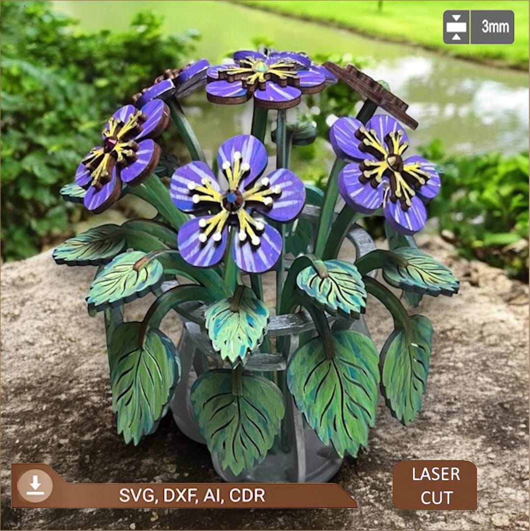 Vase With Violets Laser Cut File, 3D Flowers Vase Table Decor Svg ...