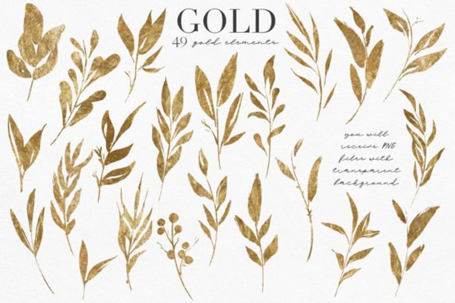 Gold Leaves Splatters Strokes Clipart Gold Branches, Gold Foil Clip Art ...