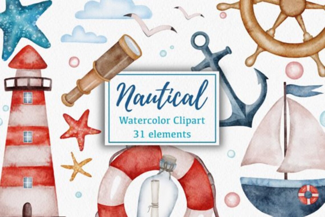 Nautical Watercolor Clipart Ocean Sea Watercolor Nautical - Etsy