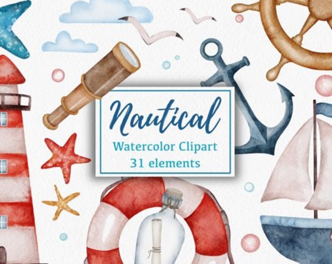 Watercolor Nautical Clipart. Ocean Waves Clipart. Lighthouse, Ship and ...