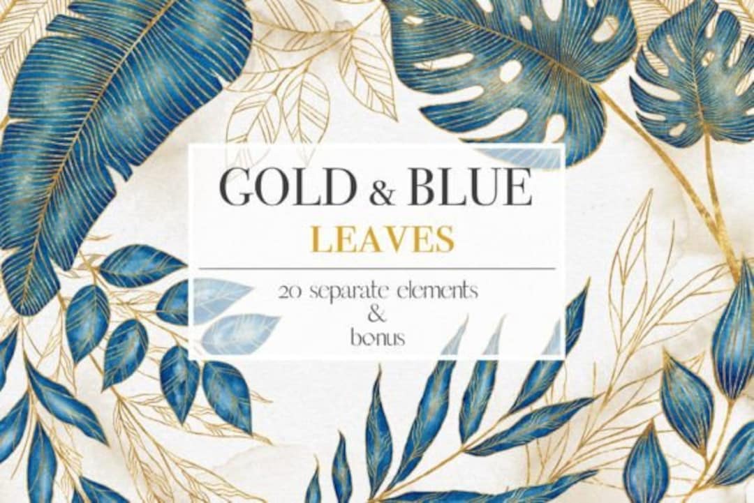 Gold and Blue Leaves Clipart Blue and Gold Tropical Leaves Clipart ...
